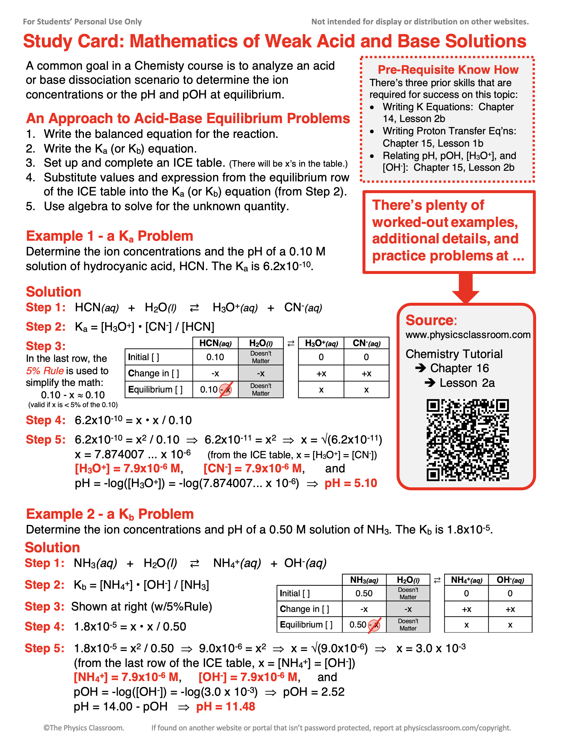 Solving Ka and Kb Problems with ICE Tables with Examples